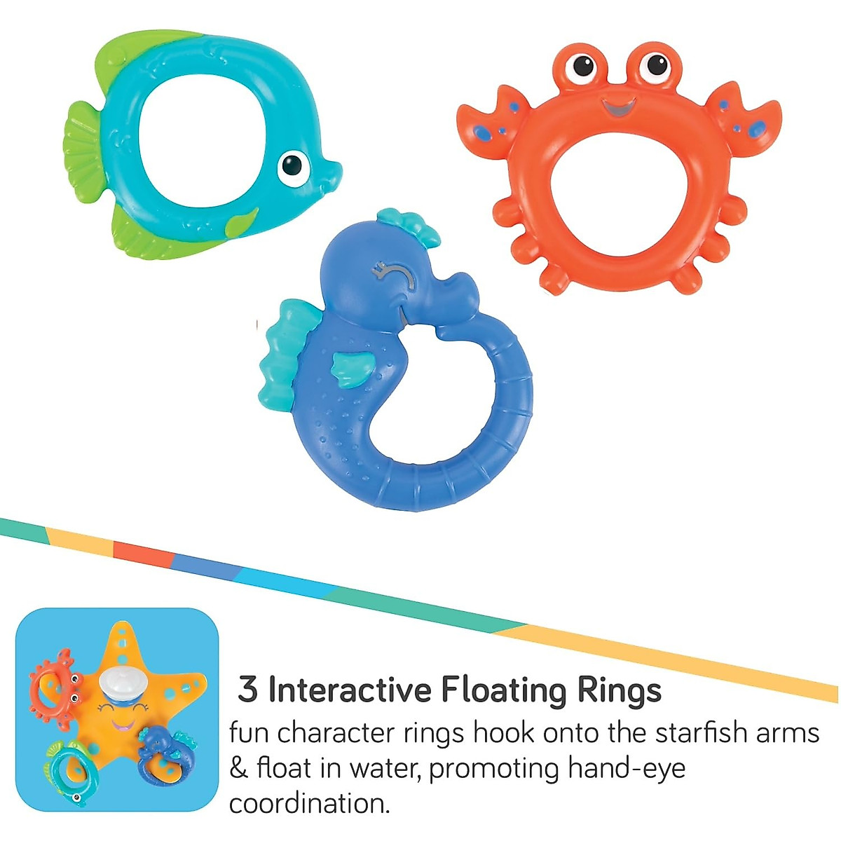 Nuby Starfish Ring Toss Bath Toy, Includes 3 Toss Rings (Crabfish, Tropical Fish and Seahorse)