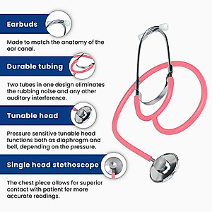 Dixie EMS Single Head Lightweight Stethoscope, Latex Free, for Doctors, Nurses, Students, Medical and Home Use - Pink