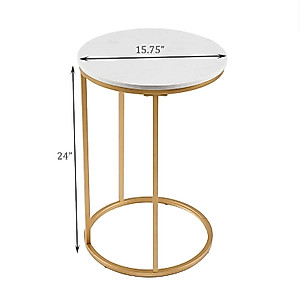 RiteSune Round C Shaped End Snack Side Table Slide Under Couch with Marble Top for Sofa Coffee Laptop Living Room Bedroom Small Space, 16" D x 24" H