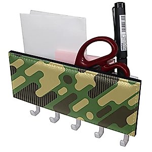 Camouflage Mail Holder Organizer and Key Hooks PU Front, Self Adhesive Key Rack with 5 Hooks Perfect for Entryway, Hallway，Bathroom ，Kitchen