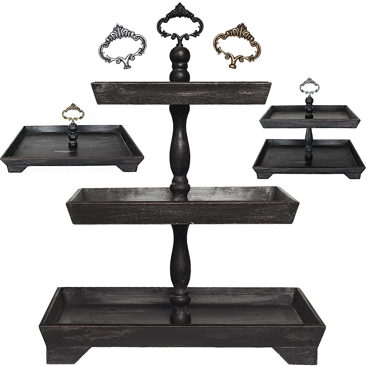 Large Rectangle Rustic Wood Three Tiered Tray, 3 Tier Serving for Coffee Bar, Kitchen Counter, Modern Farmhouse Table Decor, Cupcake Stand, Holiday - Felt Creative Home Goods (Black) with 3 Handles