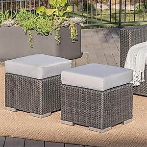 GDFStudio Outdoor 16 Inch Grey Wicker Ottoman Seat with Silver Water Resistant Cushion (Set of 2)