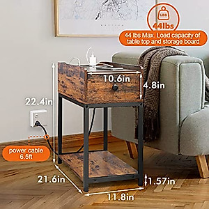 AMHANCIBLE End Table Living Room with Charging Station, Narrow Nightstand with USB Ports & Power Outlets, Slim Bedside Table for Small Spaces, Bedroom, Rustic Brown HET04LDBR1