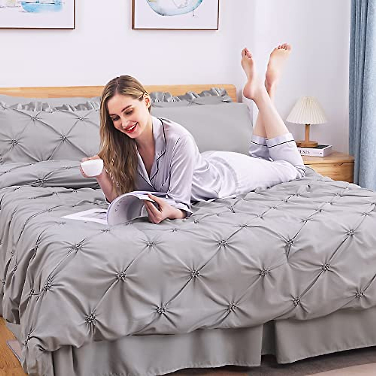 JOLLYVOGUE Queen Comforter Set 8 Pieces, Pintuck Gray Bed in a Bag Comforter Set for Bedroom, Beddding Sets with Comforter, Sheets, Bed Skirt, Ruffled Shams & Pillowcases