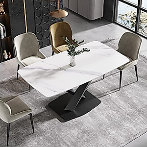 Modern Dining Table, White Sintered Stone Tabletop Dining Table with X-Shaped Solid Carbon Steel Base, 63" Rectangular Dining Table for 4-6