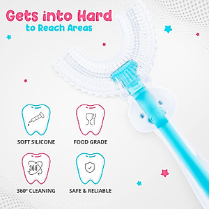 Set of 2 U-Shaped Toothbrushes for Kids with Suction Cup Whole Mouth 360 Cleaning Toothbrushes with Suction Cup Manual Toothbrush for Toddlers 2-6 Silicone Food Grade for Sensitive Teeth Large Blue