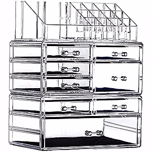 Cq acrylic Makeup Organizer Skin Care Large Clear Cosmetic Display Cases Stackable Storage Box With 8 Drawers For Vanity,Set of 3