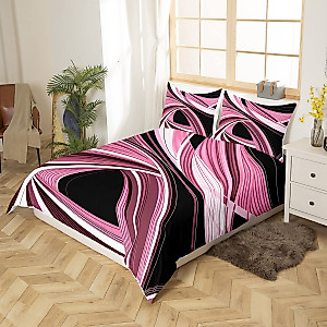 Black and Pink Duvet Cover Geometric Metal Art Bedding Set Retro Stripe Swirl Comforter Cover Retro Circle Geometry Bedspread Cover Full Size with 2 Pillow Case (No Comforter)