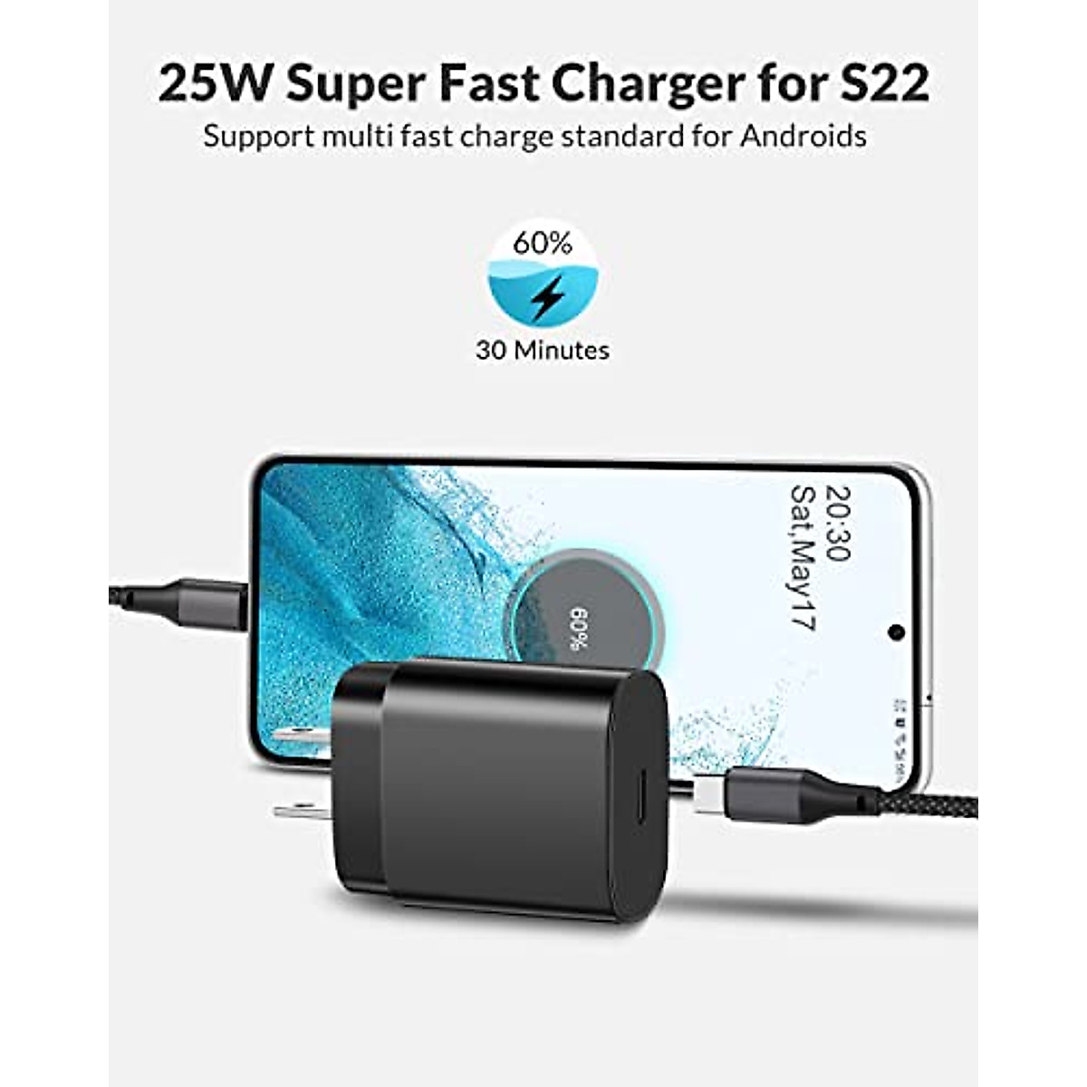 25W USB C Fast Charger for Samsung Galaxy S23/S23+/S23 Ultra/S22/S21/S21+/S21 Ultra/S20 Plus/Note 20/Note 10/A71/A51/A23/A21/A14/A10E, 2Pack Type C Fast Wall Charger Block with 6FT USB C to C Cable