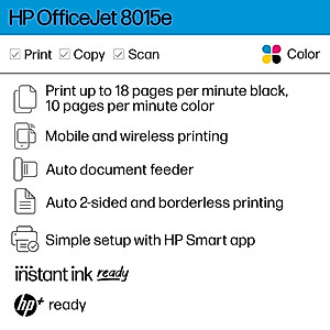 HP OfficeJet 8015e Wireless Color All-in-One Printer with 6 Months Free Ink with HP+(228F5A), White