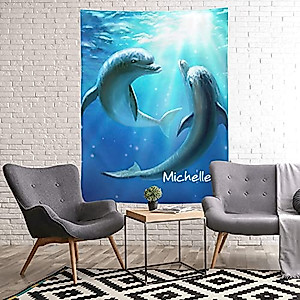 Dolphins Deep Ocean Personalized Blanket with Name Text Custom Comfort Super Soft Cozy Fleece Fashion Throw Blankets for Wedding Birthday Gift 50x60 Inch