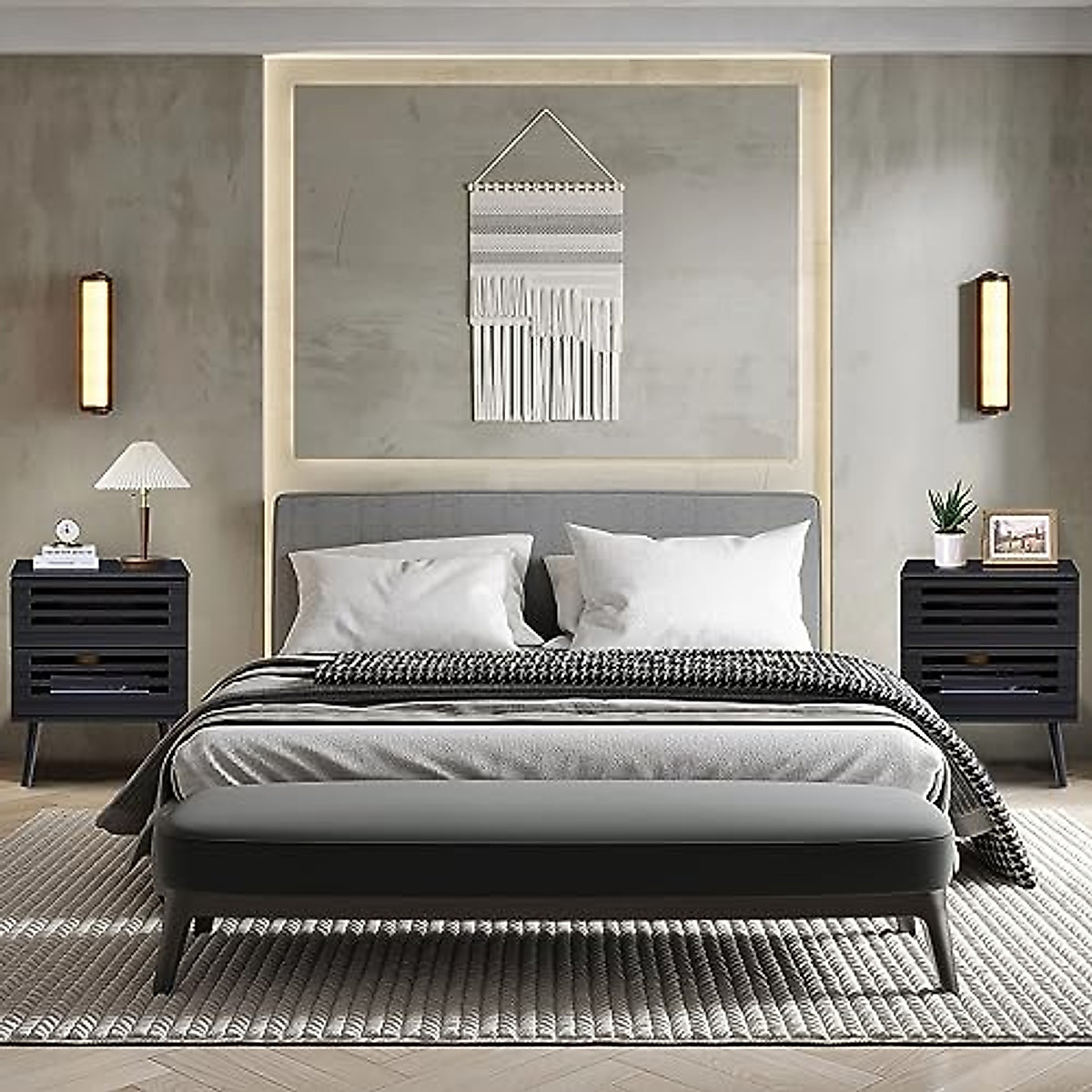 PHOYAL Nightstand Set of 2, End Side Table Modern Farmhouse Nightstand Modern Wood Accent Side Table Night Stands, Nightstand with Storage Drawer for Bedroom Living Room 2-Pack, Black - 2