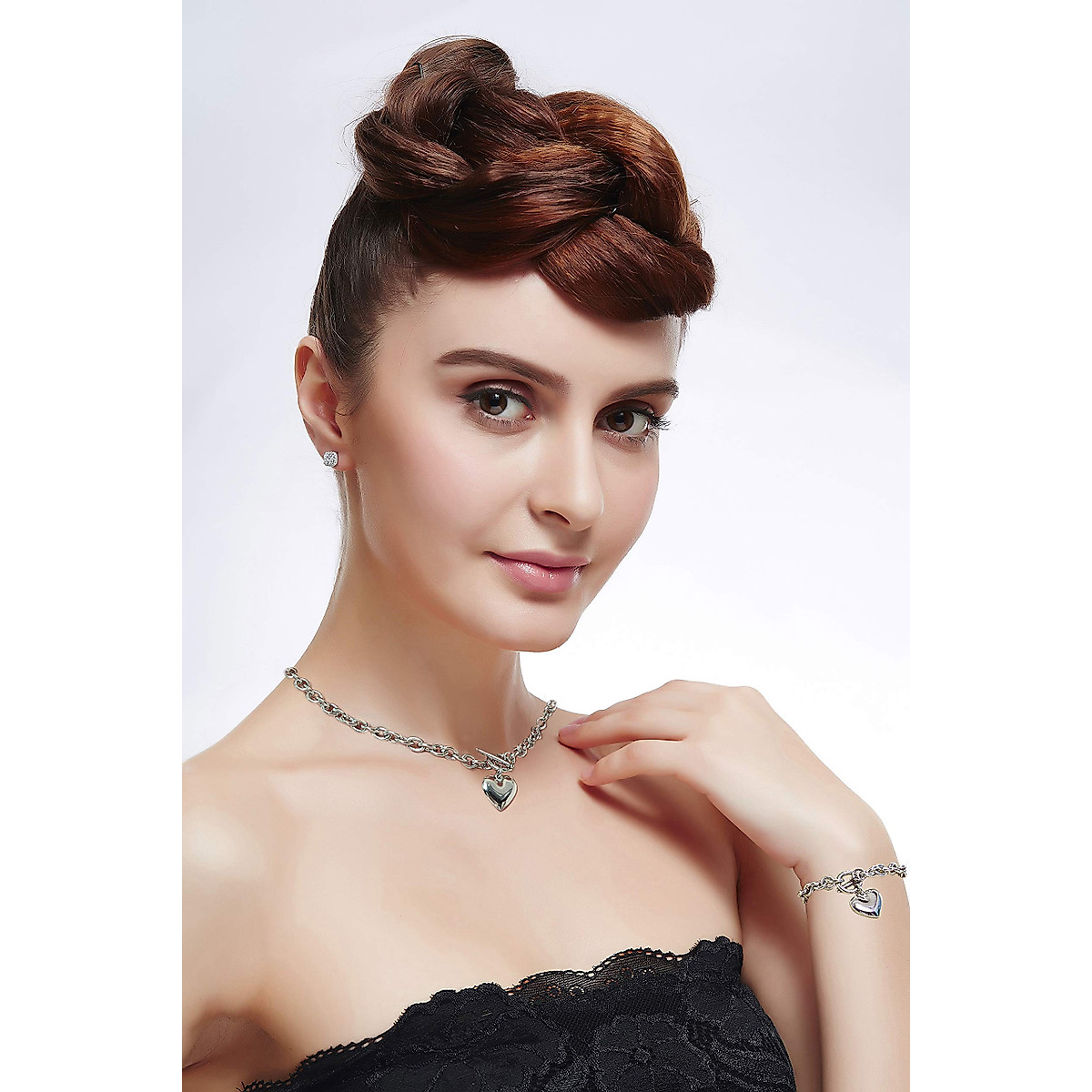 W/W Lifetime Heart Chain Necklace + Heart Bracelet for Women Hearts Pendant Toggle Charm Jewelry Set Stainless Steel