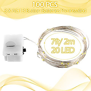 100 Pack Fairy Lights Battery Operated 3 Speed Modes, 7 Ft/ 2 M 20 LED Battery String Mini Lights Waterproof Wire Twinkle Lights Party Favors for Wedding Birthday Vases Flower Decor (Warm Light)