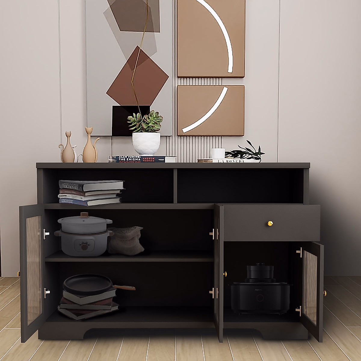 Kitchen Buffet Sideboard, Cabinet Storage Buffet Cabinet with Storage 46” 3 Glass Door and Adjustable Shelves, Modern Sideboard Wood Coffee Bar Cabinet