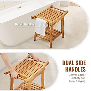VEVOR Teak Shower Bench with Handles, 22in Waterproof Wood Shower Stool with Storage Shelf Non-Slip Feet, 300 lbs Load Capacity Shower Chair Seat, for Bathroom Indoor and Outdoor Use