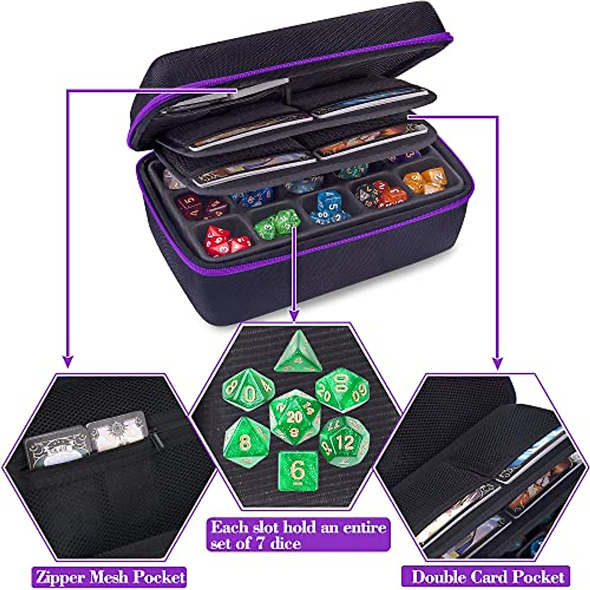 SIQUK Dice Storage Case Big Capacity DND Dice Case Dice Organizer Box with Handle and Double Removable Slotted Tray Dice Organizer Case for Dungeons & Dragons and Other RPG Table Game， Violet