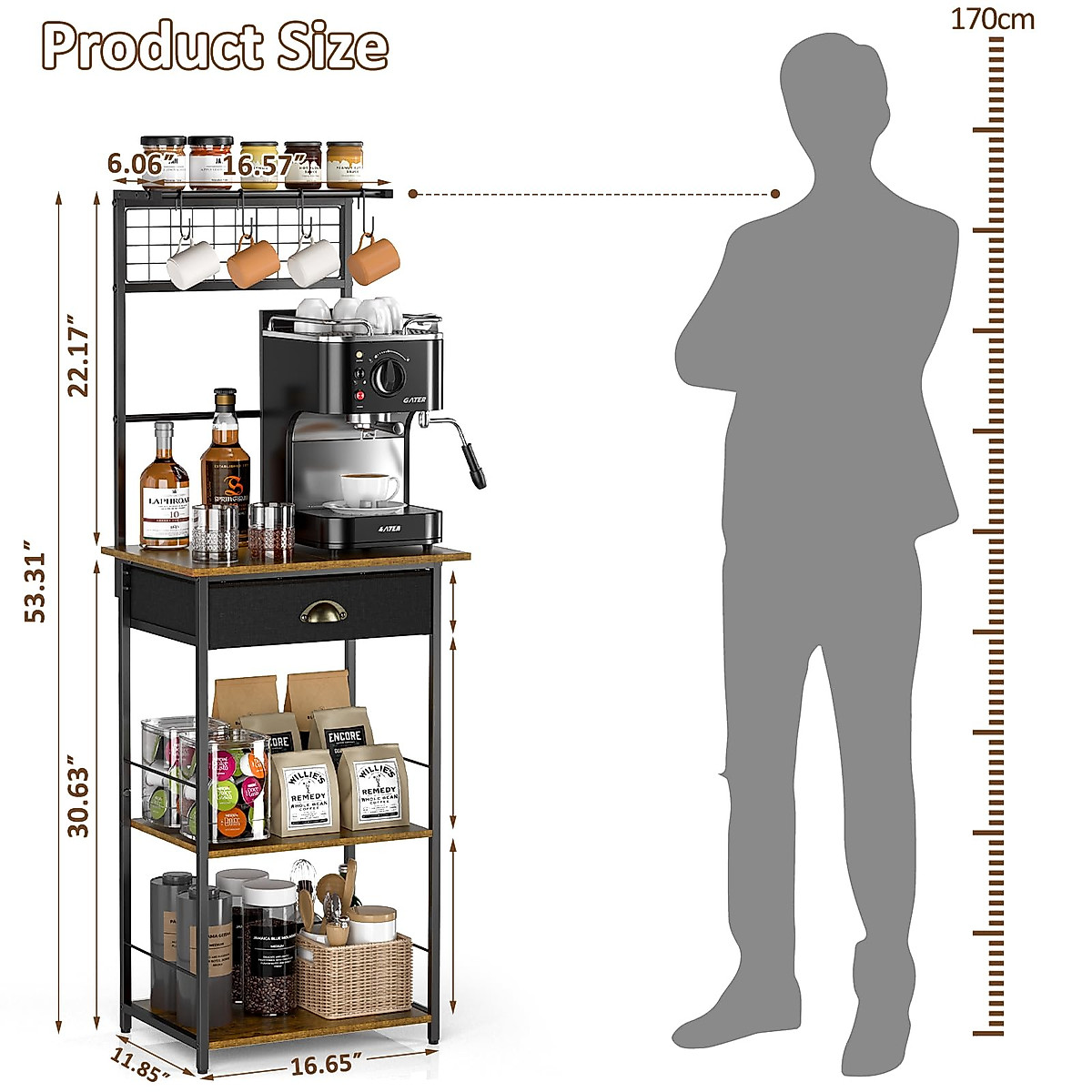 5 Tier Coffee Bar Station with Drawer, Coffee Stand with 4 S-Shaped Hooks, Farmhouse Corner Coffee Bar Cabinet for Small Spaces, Bakers Rack for Kitchen, Living Room, 13.43"D x 18.93"W x 53.31"H