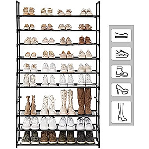 Camabel 10 Tiers Shoe Rack Capacity 130lbs for 60 Pairs Stackable Narrow Expandable Non-Woven Fabric Shoe Storage Organizer Cabinet Tower Shelf Space Saving Assembly High Shoes Black BG361