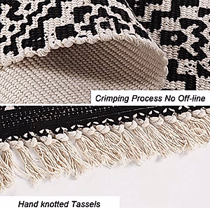 Seavish Cotton Printed Rug 2'W x 3'L Decorative Black and Cream Diamond Symmetry Kilim Small Area Rug Hand Woven Rug for Entryway Thin Throw Rugs for Laundry Room Living Room Dorm