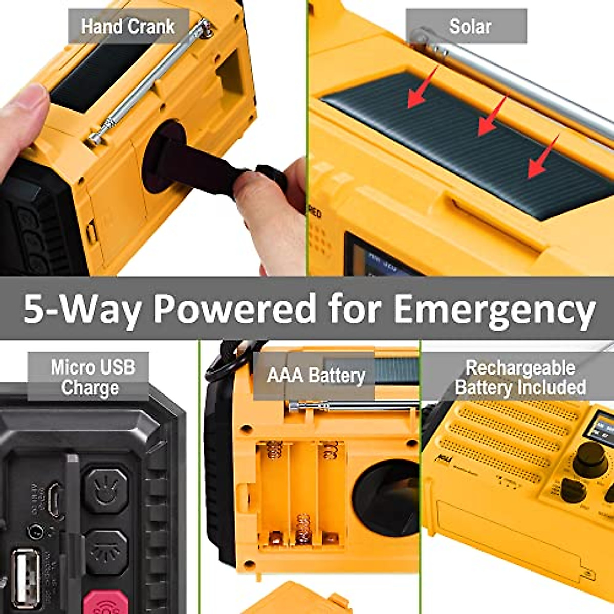 Emergency Radio 5000 Hand Crank Solar Weather Radio,5-Way Power AM/FM/SW/NOAA Survival Portable Radio with Camping Flashlight,Power Bank Phone Charger,Reading Lamp,SOS Alarm Survival Equipment,Compass