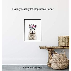 Baby Llama Wall Decor - Flower Crown Alpaca Wall Art Decoration for Girls Bedroom, Kids Room, Nursery - Cute Gift - Boho Shabby Chic Picture - 8x10 UNFRAMED Photo Poster