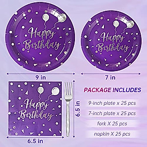 Purple Birthday Supplies,Silver Birthday Plates and Napkins,Serves 25 Guests Purple Paper Plates Napkins Sets for Girl Women Birthday Party Decoration(100 PCS)
