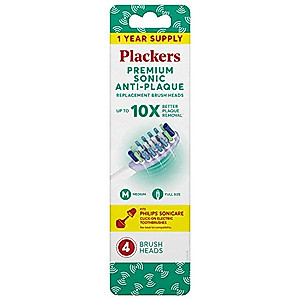 Plackers Premium Sonic Anti-Plaque Replacement Brush Heads, Fits Philips Sonicare Click-On Electric Toothbrushes, 1 Year Supply, Blue, 4 Count
