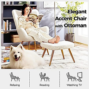 Yaheetech Accent Chair and Ottoman Set, Sherpa Armchair with Golden Metal Legs and High Back, Footstool for Living Room, Lounge, Ivory