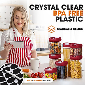 Cheer Collection Stackable Airtight Food Storage Containers - BPA Free Plastic Food Organizer for Pantry with Dry Erase Marker and Labels, Red (Set of 7)