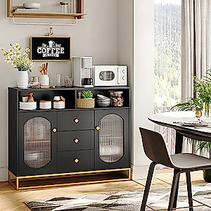 finetones Sideboard Buffet Cabinet with Storage, 47.2" Large Kitchen Storage Cabinet with 3 Drawers and 2 Glass Doors, Buffet Cabinet Buffet Table Coffee Bar Cabinet for Kitchen, Dining Room, Black