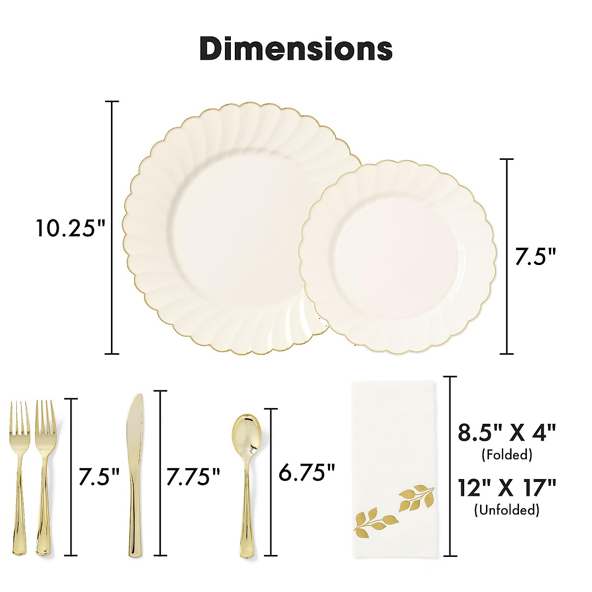 By Madee HEAVYWEIGHT 175 Pc Thanksgiving Plates and Napkins Sets | Ivory Scalloped Plates with Gold Trim | Fall Plastic Plates, Cutlery, Gold Leaf Napkins | High End Disposable Plates (25 Guests)