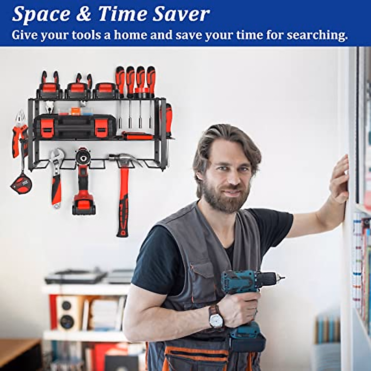 Power Tool Organizer Wall Mounted, 3 Layers Garage Tool Holder, Heavy Duty Utility Racks with Compact Design, Cordless Drill Holder and Storage Organization, Tool Box Organizers and Storage for Men