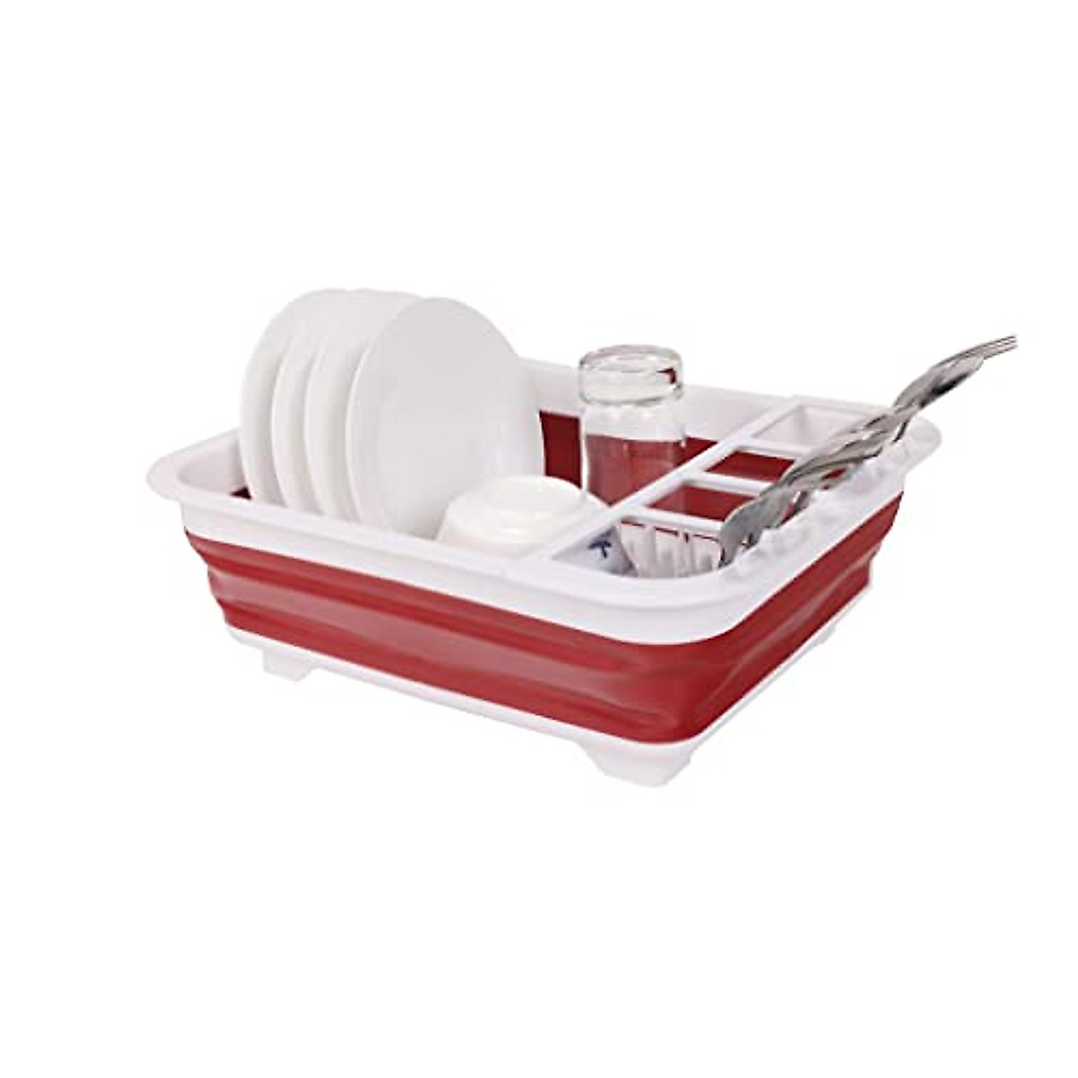 J&V TEXTILES Collapsible Dish Drying Rack - Popup for Easy Storage, Drain Water Directly into The Sink, Room for Eight Large Plates, Sectional Cutlery and Utensil Compartment, Compact (Red)