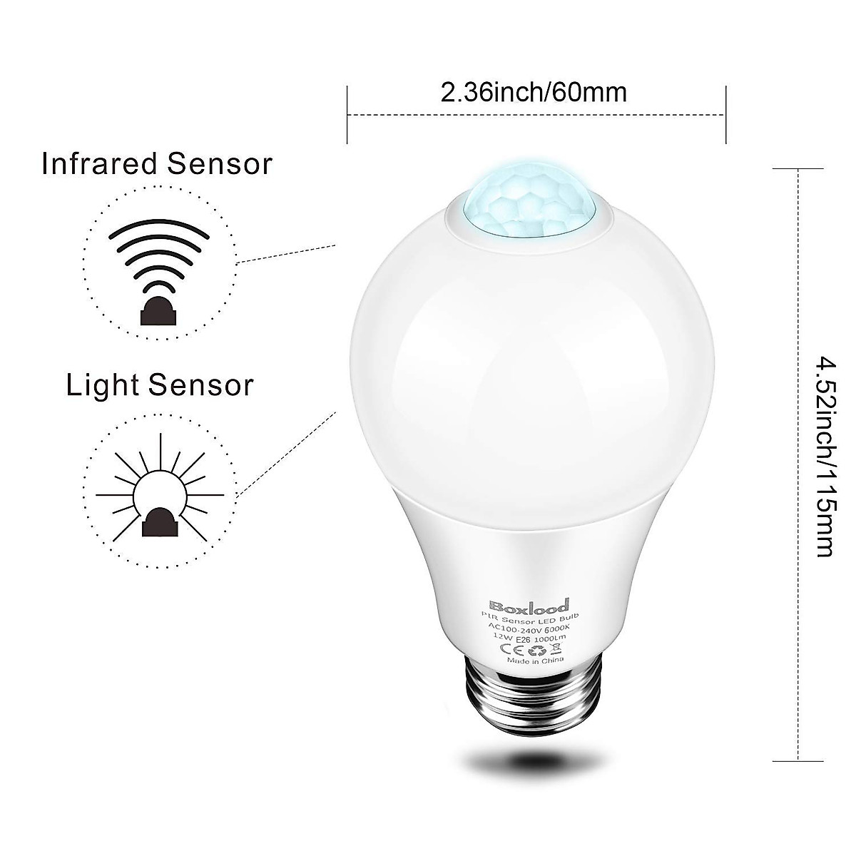 Motion Sensor Light Bulbs, PIR Movement Activated Dusk to Dawn Outdoor Light Bulb Auto on/off 12W (100Watt Equivalent) A19 E26 6000K Cool White for Front Door Porch Garage Basement Hallway 2Pack