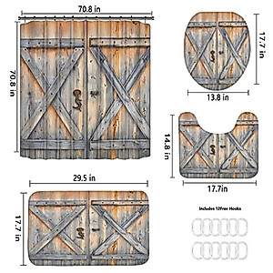 4Pcs Rustic Barn Door Shower Curtain Sets Wooden Gate Farmhouse Bathroom Set Decor with Non-Slip Rugs Bath U-Shaped Mat Toilet Lid Cover Country Bathroom Curtains Shower Set with 12 Hooks, 70.8×70.8