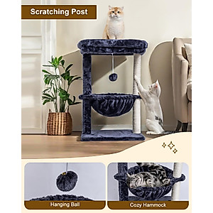 SYANDLVY Small Cat Tree for Indoor Cats, Activity Cat Tower with Scratching Post for Kittens, Cat Condo & Furniture with Basket & Hanging Ball for Play Rest