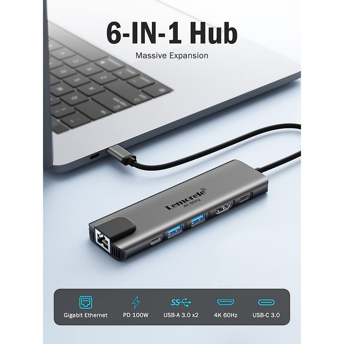 USB C Hub, Lemorele USB-C Hub (6-in-1) with 4K@60Hz HDMI, Gigabit Ethernet,100W Power Delivery, USB-C and 2 USB-A 5 Gbps Data Ports, USB c Adapter for MacBook Air, MacBook Pro, XPS, and More
