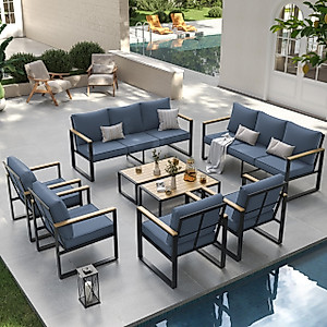 HLNPTN 4 Pieces Outdoor Patio Furniture Set, Modern Outdoor Furniture Sectional Sofa 5 Seat Deep Seating Group, Metal Patio Conversation Sets with Table, Thick & Washable Cushions, Blue