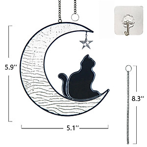 HXFRTYU Cat Memorial Gifts, Cat on Moon Stained Glass Window Hangings, Black Cat Halloween Decor Suncatcher Gifts for Cat Lovers, Loss of Cat Sympathy Gift, Cat Christmas Ornament for Cat, Pet Lovers