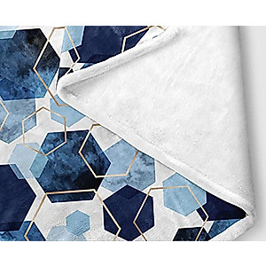 Blue Grey Modern Geometric Throw Blanket, Watercolor Deep Blue Navy and Gold Foil Outline Polygons Abstract Fleece Blanket, Mid Century Soft Plush Blanket, 50X60IN
