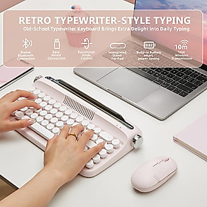 YUNZII Upgraded Wireless Typewriter Keyboard, Retro Aesthetic with Integrated Stand,Cute Round Keycaps, USB-C/Bluetooth Connection for Table, Phone, PC and Win/Mac/Android (B307, Baby Pink)