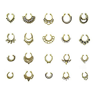 Honbay 20pcs Fake Septum Clicker Nose Ring Rhinestone Non Piercing Hanger Clip Body Jewelry (Bronze)