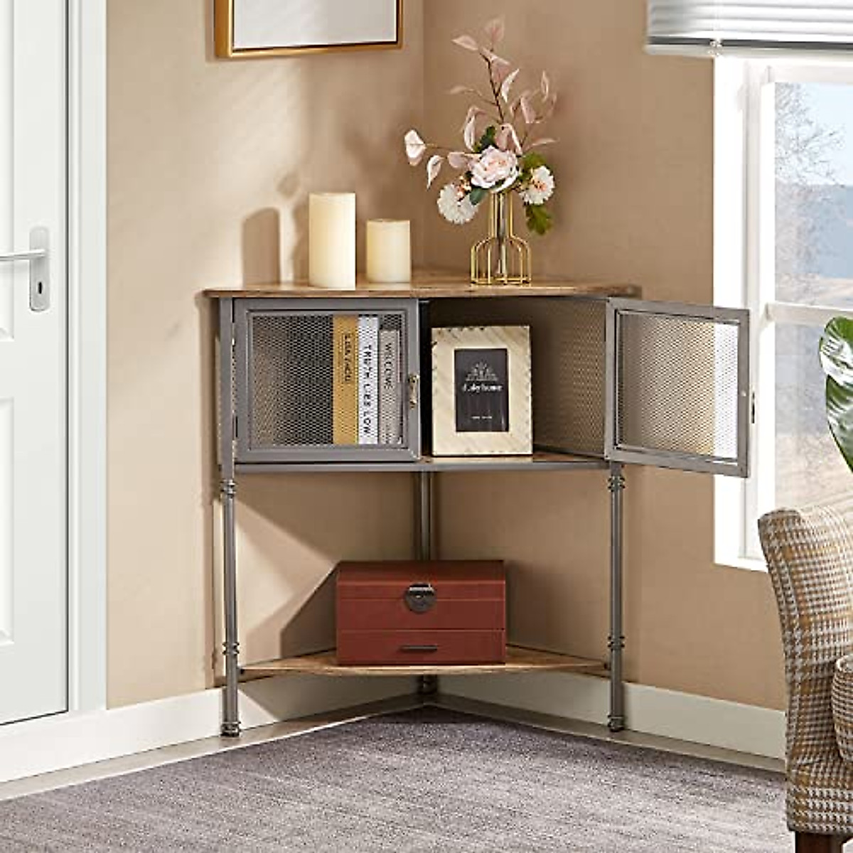 VECELO 3-Tier Corner Shelf with Storage Cabinet, 29" Tall Multiple Purpose Free Standing Shelves Organizer for Small Spaces, Living Room, Bedroom, Kitchen, Balcony, Grey
