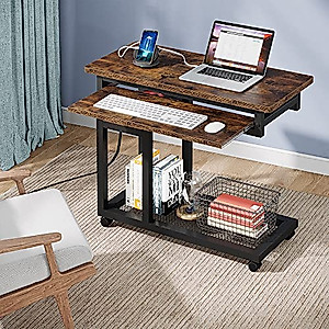 Tribesigns Small Portable Desk with Power Outlet, Height Adjustable Sofa Couch Bedside Laptop Table with Wheels, Mobile Standing Desk Rolling Computer Cart C Side Table with USB Ports