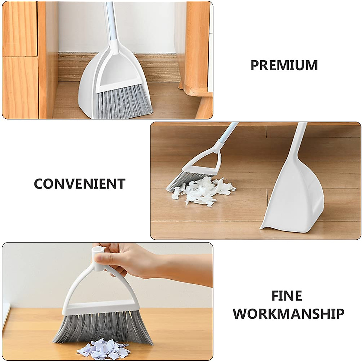 Cabilock Broom and Dustpan Set: Long Handle Stand Up Dustpans with Broom Set Household Sweeping Shovel Tools Home Cleaning Supplies for Broom Lobby Garage Home Yard White