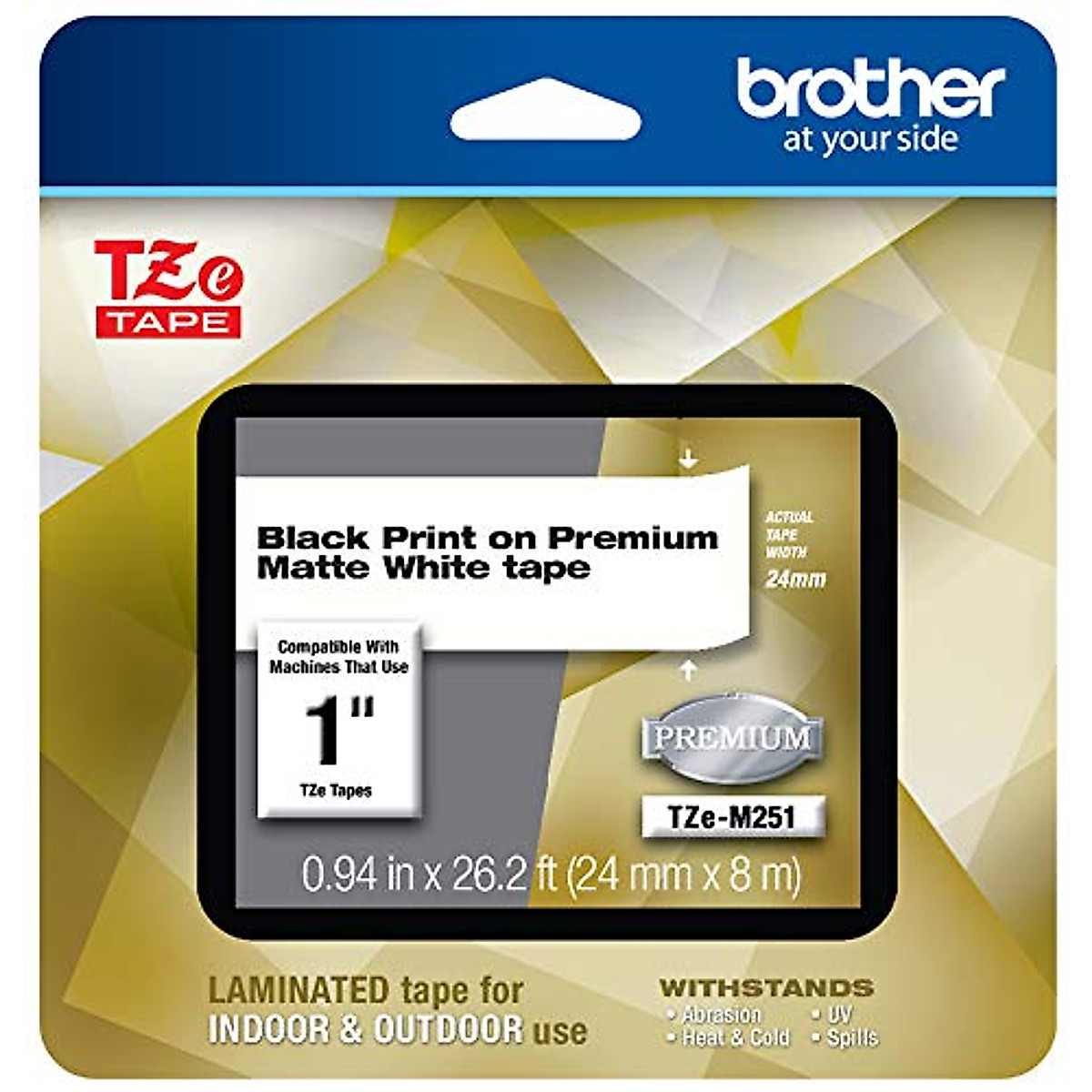 Brother P-touch TZe-M251 Black Print on Premium Matte White Laminated Tape 24mm (0.94”) wide x 8m (26.2’) long