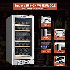 Empava Chiller 15 inch Mini Double Fridge Built in or Freestanding Wine Cooler Stainless Steel Glass Door Quiet Operation Compressor Adjust Temperature, 29 Bottles Dual Zone, Silver