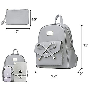KKXIU Girls Bowknot 3pcs Fashion Small Leather Backpack Purse Cute Mini Backpack Bag for Women (A-Grey)