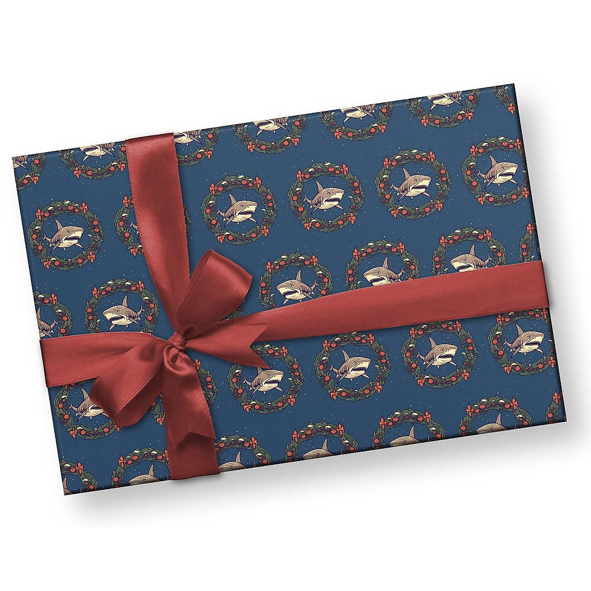 Shark Wreath Christmas Wrapping Paper, Christmas Holiday Gift Wrap, Ocean Animal Theme Party Decor (20 inch x 30 inch sheet)